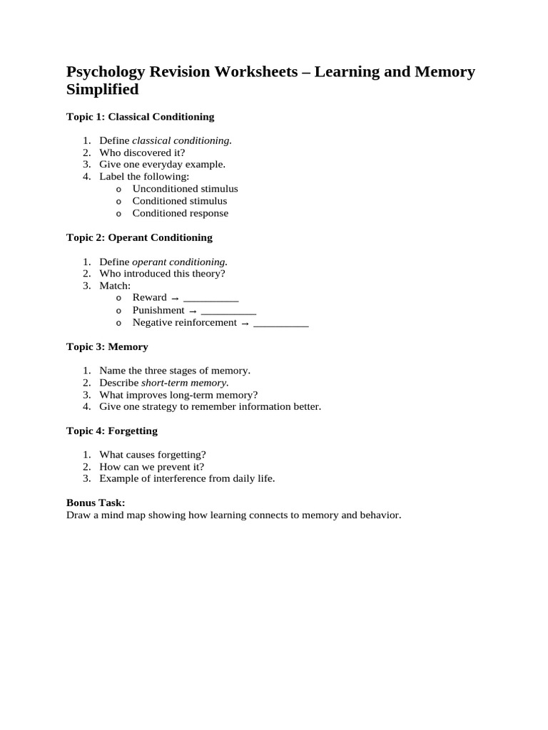 Psychology Revision Worksheets | PDF