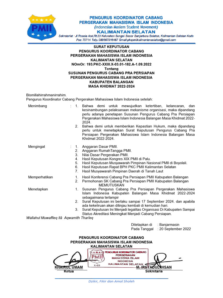 Surat Keputusan Pc Pmii Balangan 2022-2024 | PDF