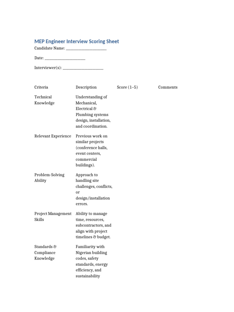 MEP Engineer Interview Scoring Sheet | PDF