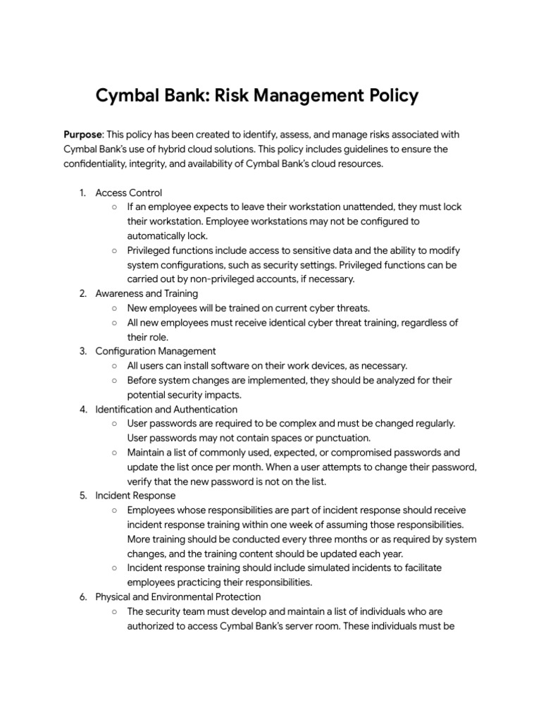 Cymbal Bank - Risk Management Policy | PDF | Security | Computer Security