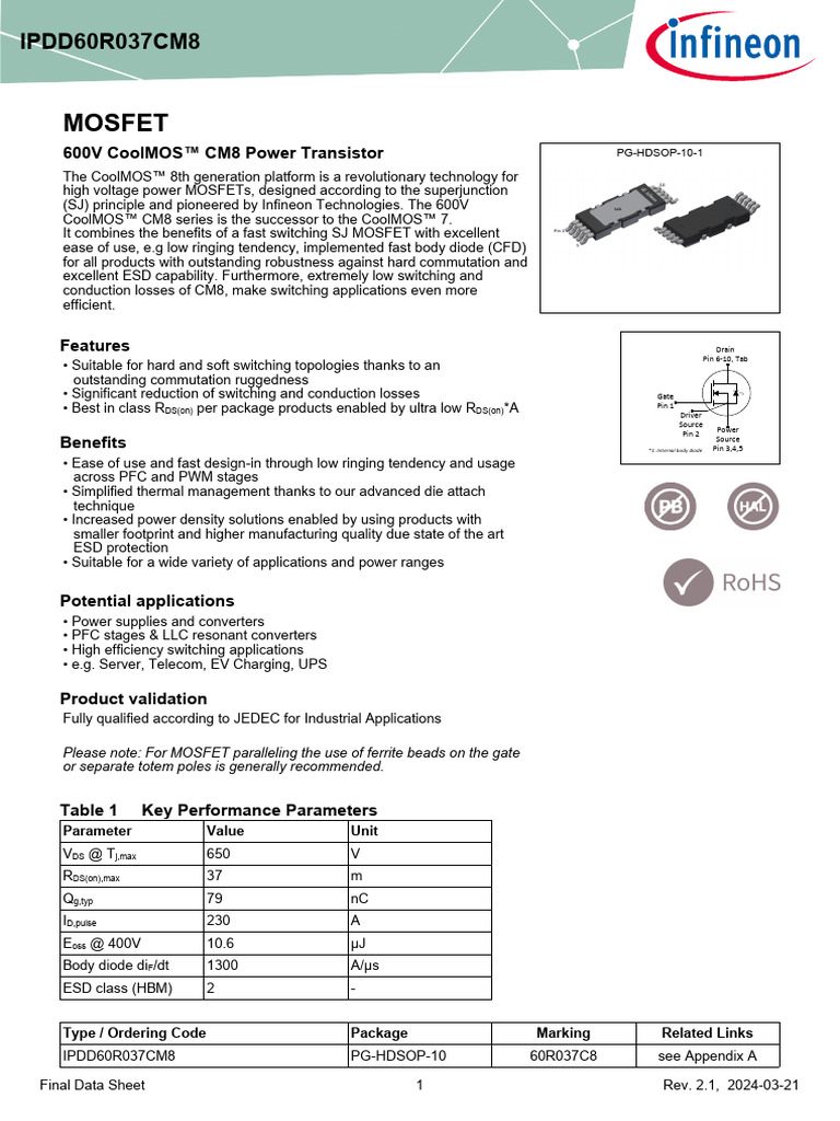 Infineon IPDD60R037CM8 DataSheet v02 - 01 EN | PDF | Printed Circuit Board | Diode