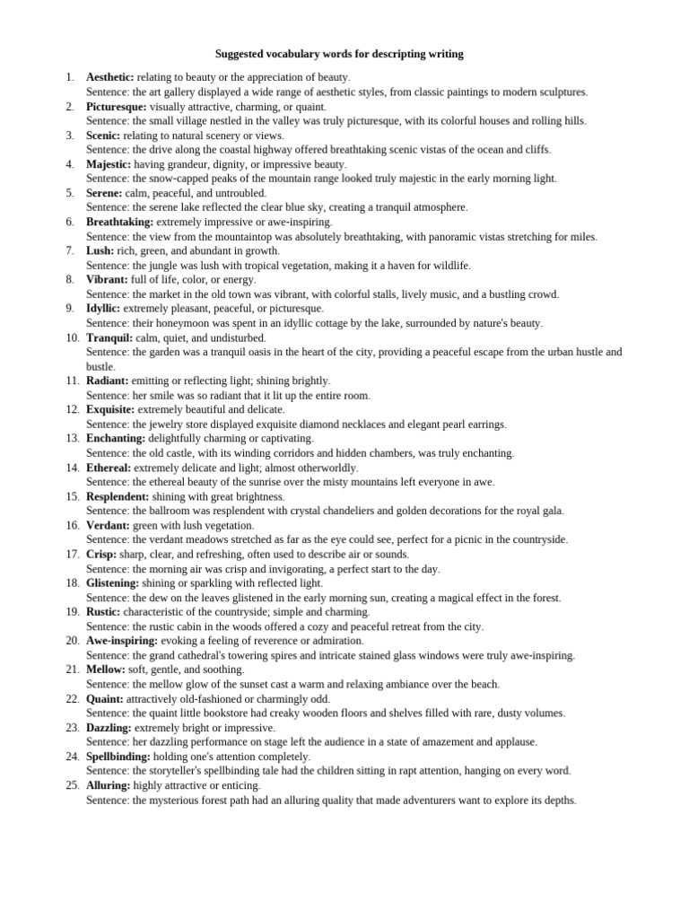 Suggested Vocabulary Words For Descripting Writing | PDF