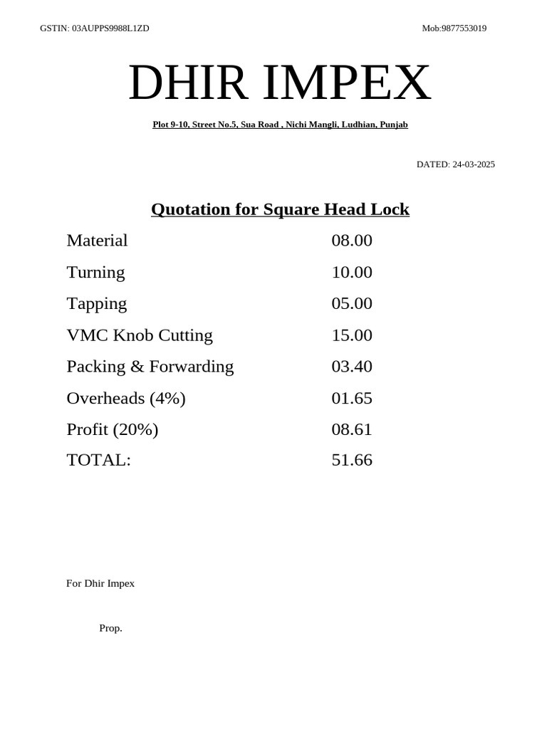 Dhir Inpex Quotation | PDF