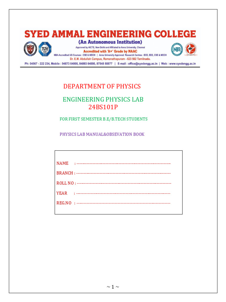 Physics Lab Manual for B.E/B.Tech Students | PDF | International System ...