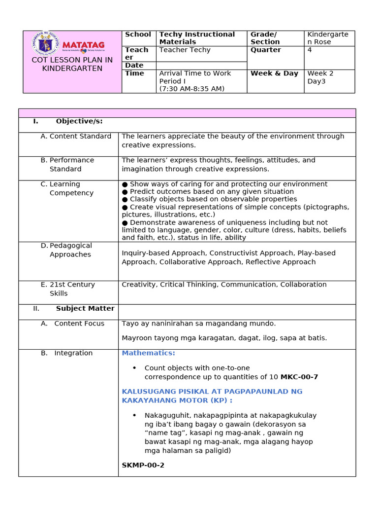 Kindergarten COT Lesson Plan | PDF | Learning | Lesson Plan