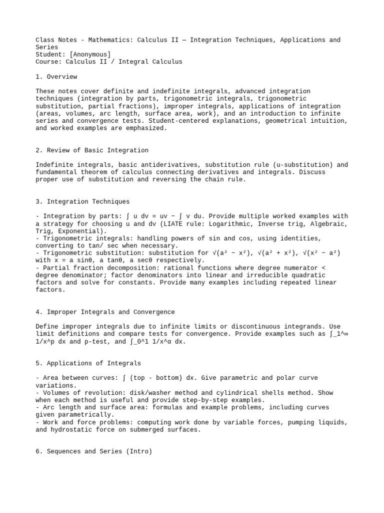 03 Class Notes - Mathematics Calculus II - Integration Techniques ...