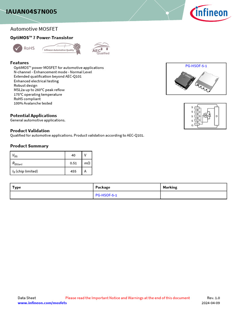 OptiMOS 7 Automotive Power MOSFET Data Sheet | PDF | Mosfet | Diode