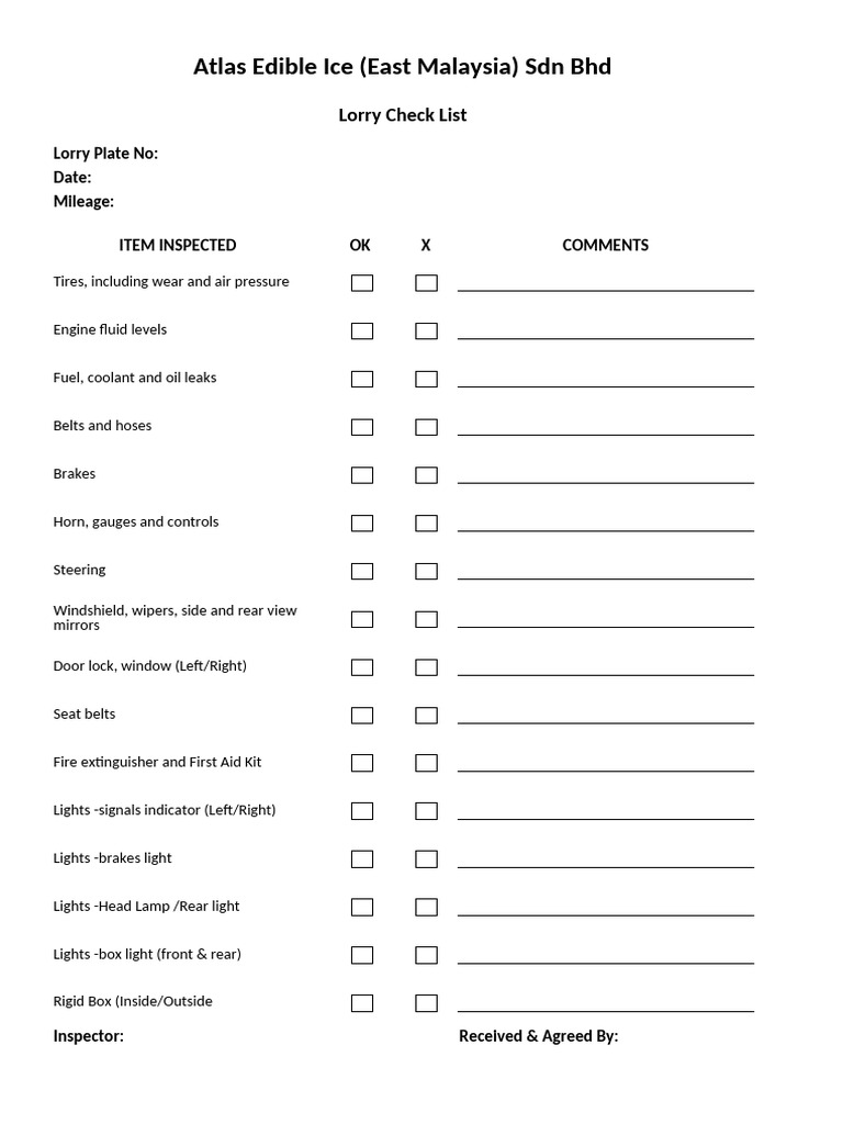 Lorry Inspection Checklist Malaysia | PDF
