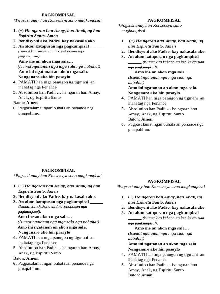 PAGKOMPISAL Waray Waray Guide With Prayers | PDF