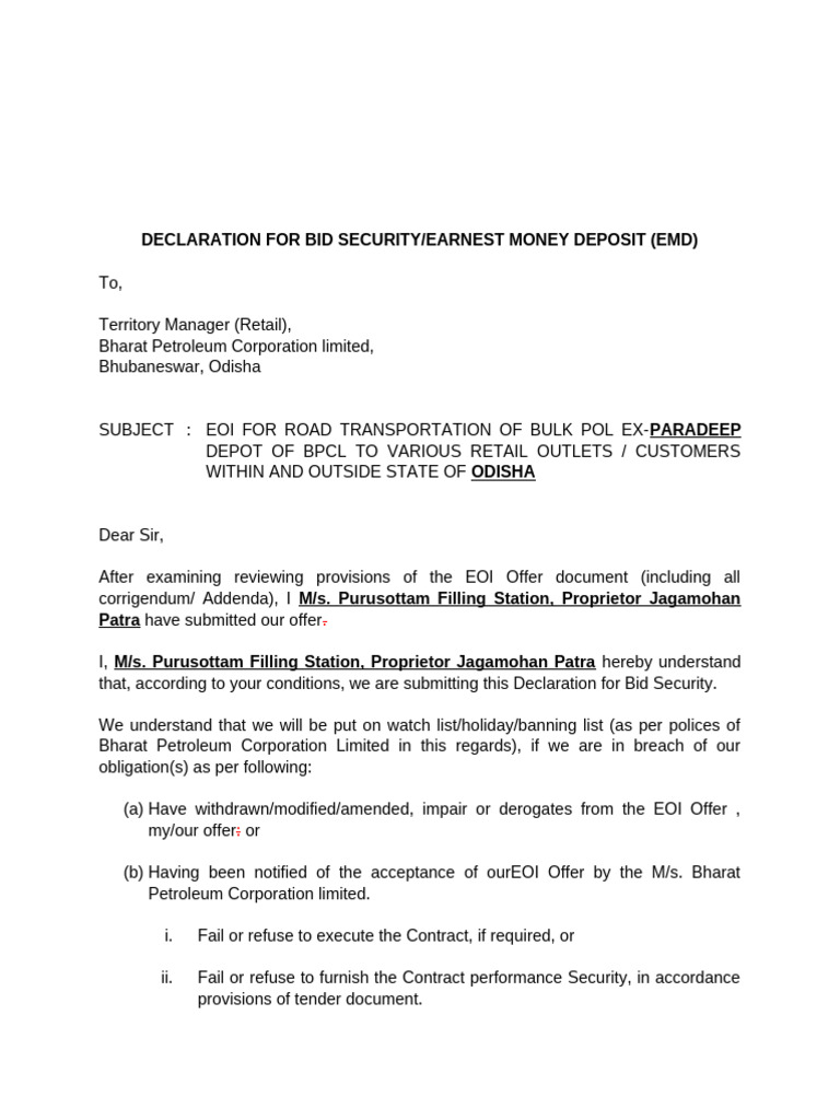 Declaration For Bid Security | PDF