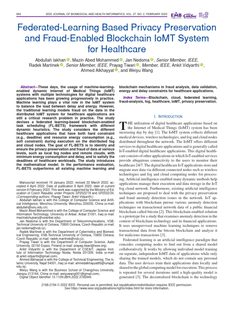 Federated-Learning Based Privacy Preservation and Fraud-Enabled Blockchain IoMT System For ...