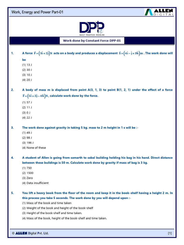Work Power DPP | PDF | Potential Energy | Force