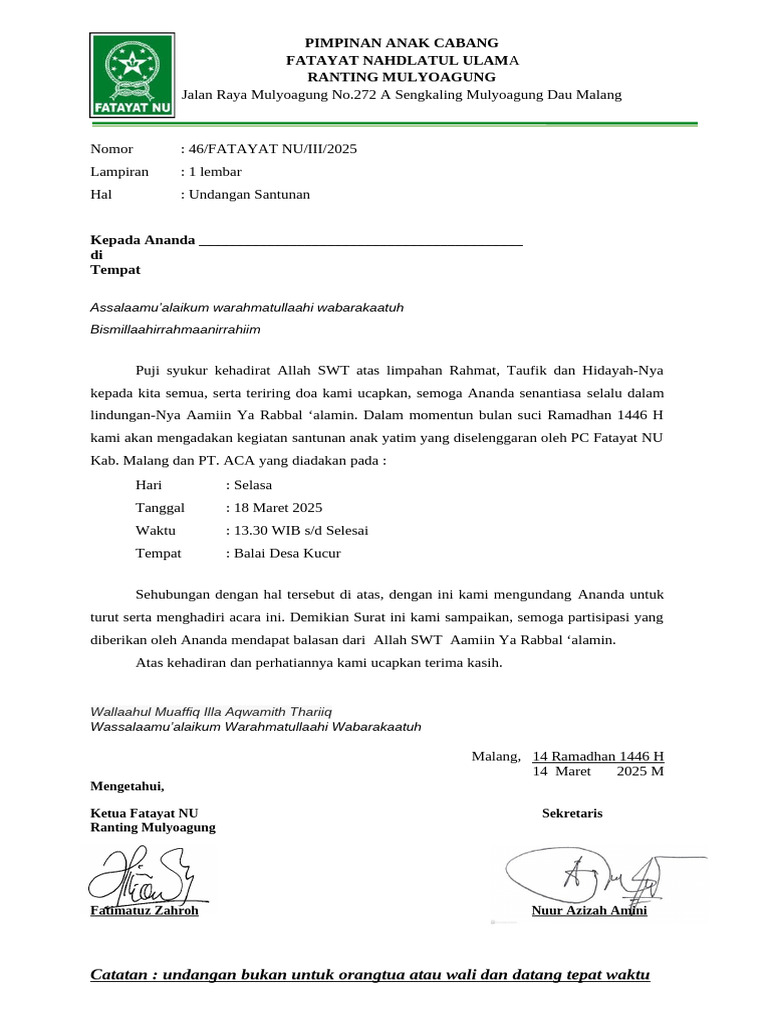 Undangan Santunan Fatayat 2025 | PDF