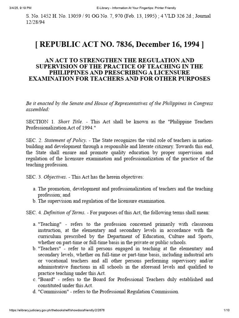 Philippine Teachers Professionalization Act | PDF | Teachers | Academic ...