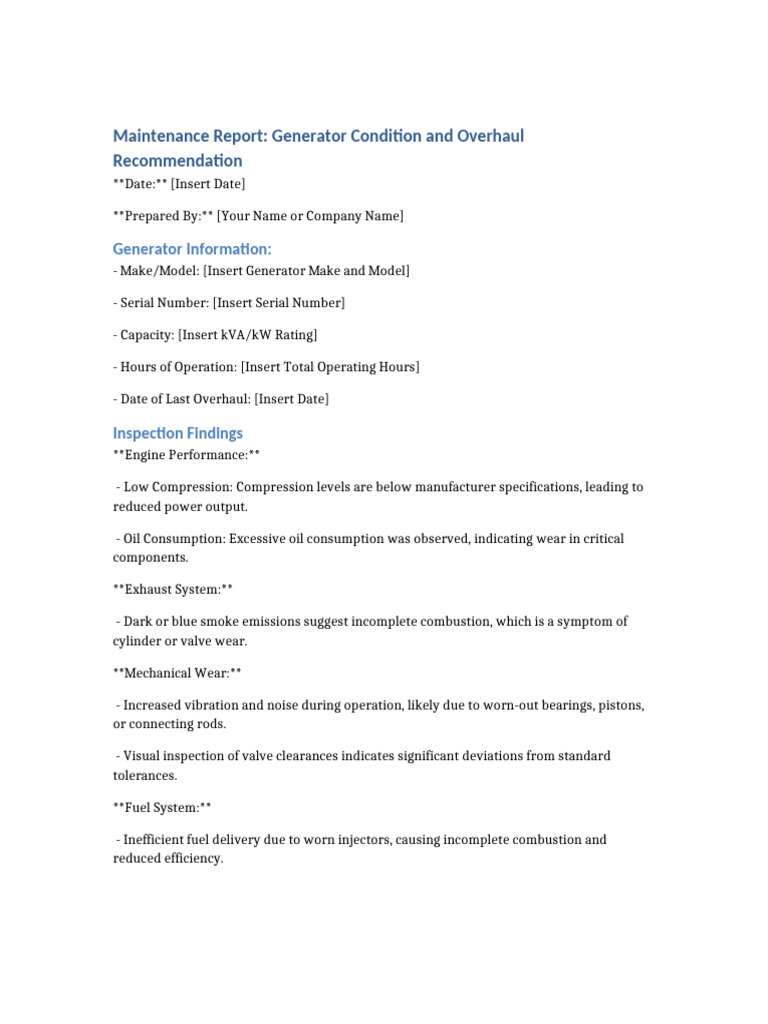 Generator Top Overhaul Report | PDF