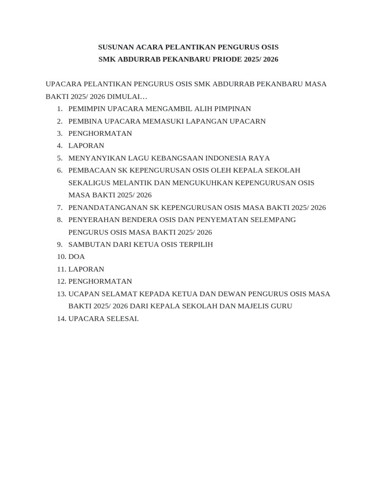 Susunan Acara Pelantikan Pengurus Osis Masa Bakti 2025 | PDF