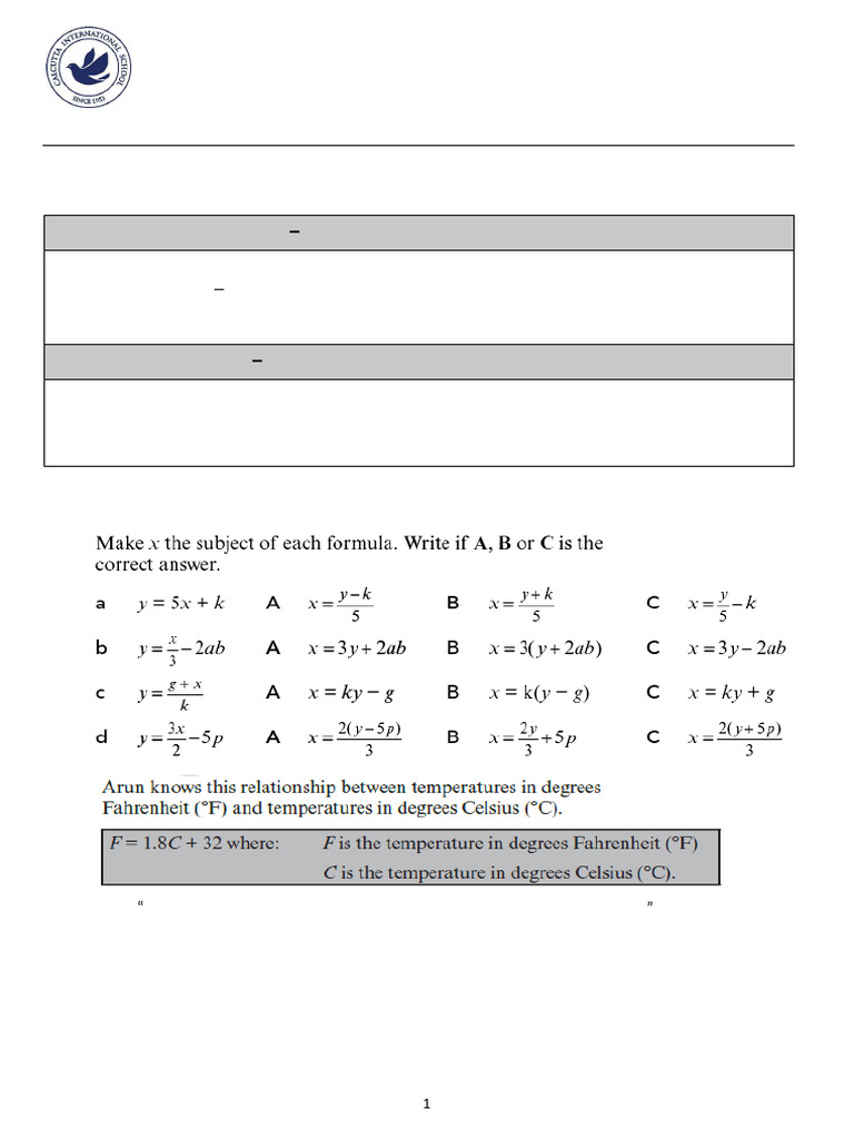 Grade 8 Algebra Worksheet Assignment | PDF