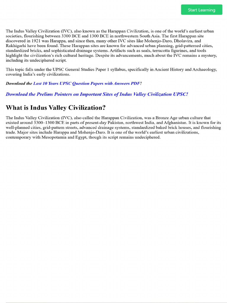 Important Sites of Indus Valley Civilization, List of Harappan Sites | PDF