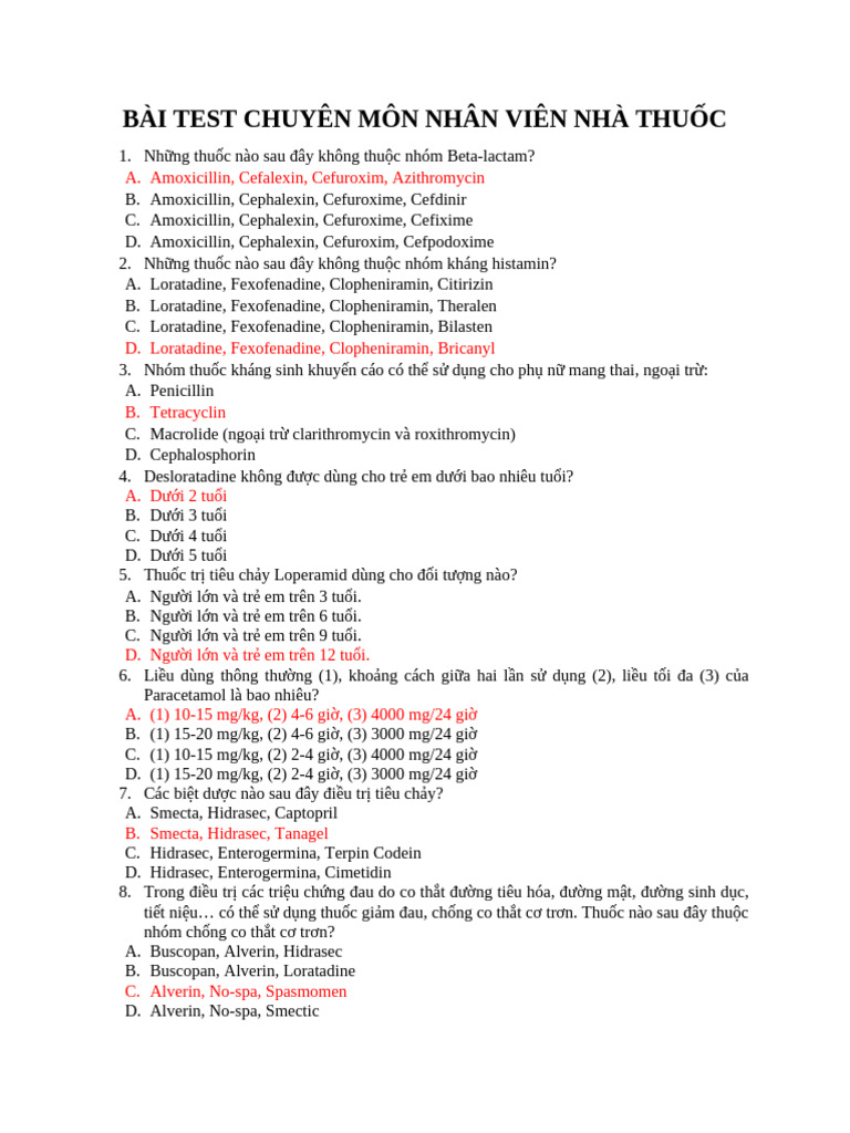 Bài Test Chuyên Môn Nhân Viên Nhà Thuốc | PDF