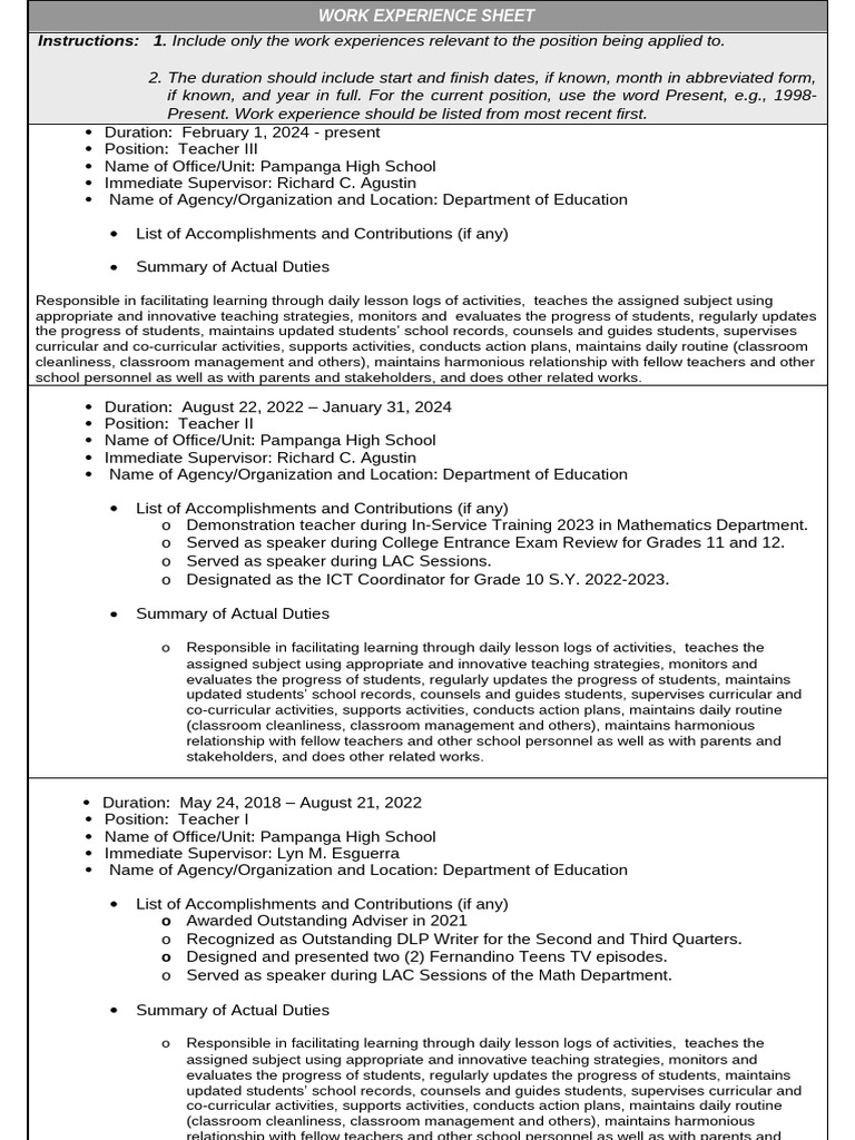 Teacher Work Experience Summary | PDF | Teachers | Classroom Management