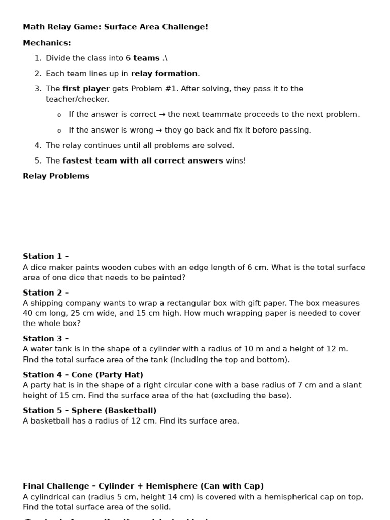 Math Relay Game: Surface Area Fun | PDF | Area | Sphere