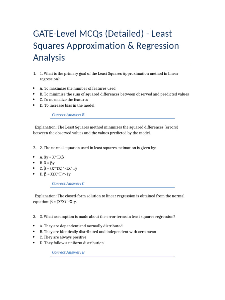 GATE Level 50 MCQs Least Squares Regression Detailed | PDF | Ordinary Least Squares | Errors And ...