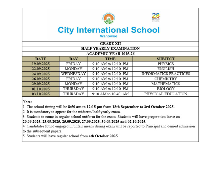 Grade Xii Half Yearly Examination A.Y. 2025-26 Timetable | PDF