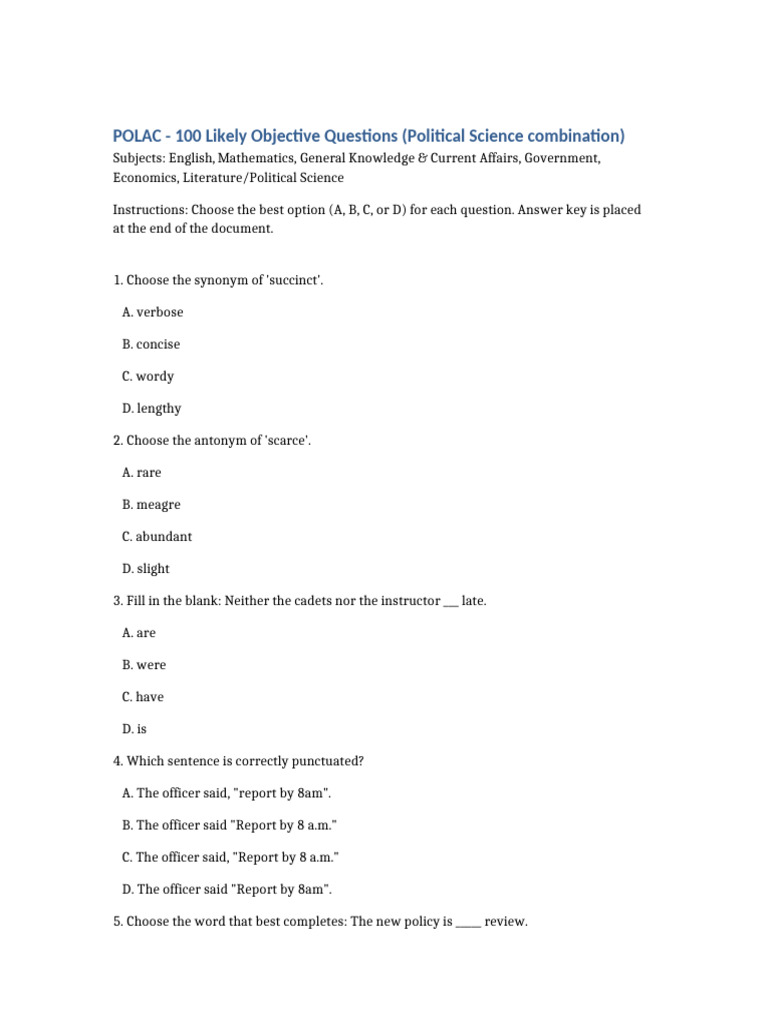 POLAC 100 Practice Questions | PDF | Inflation | Legislature