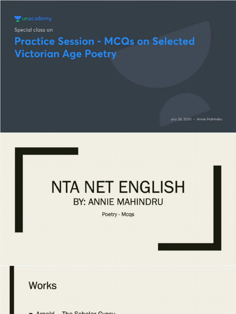 Practice Session MCQs On Selected Victorian Age Poetry With Anno | PDF