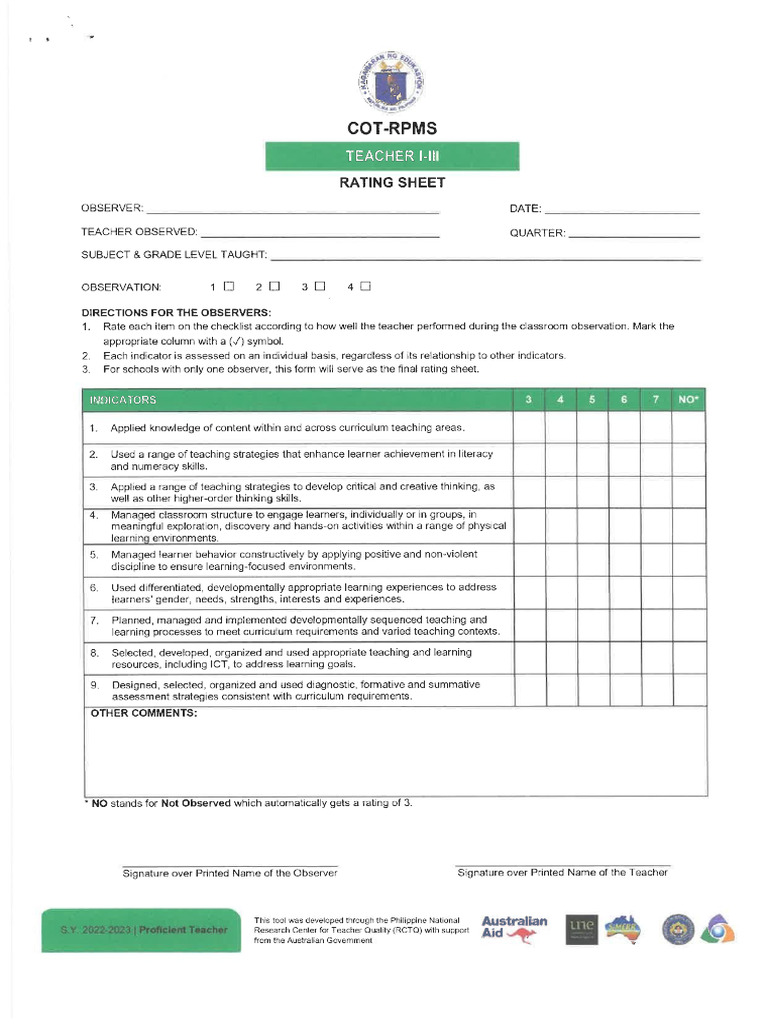 Kra 1 2 3 4 Cot Rpms Rating Sheet | PDF
