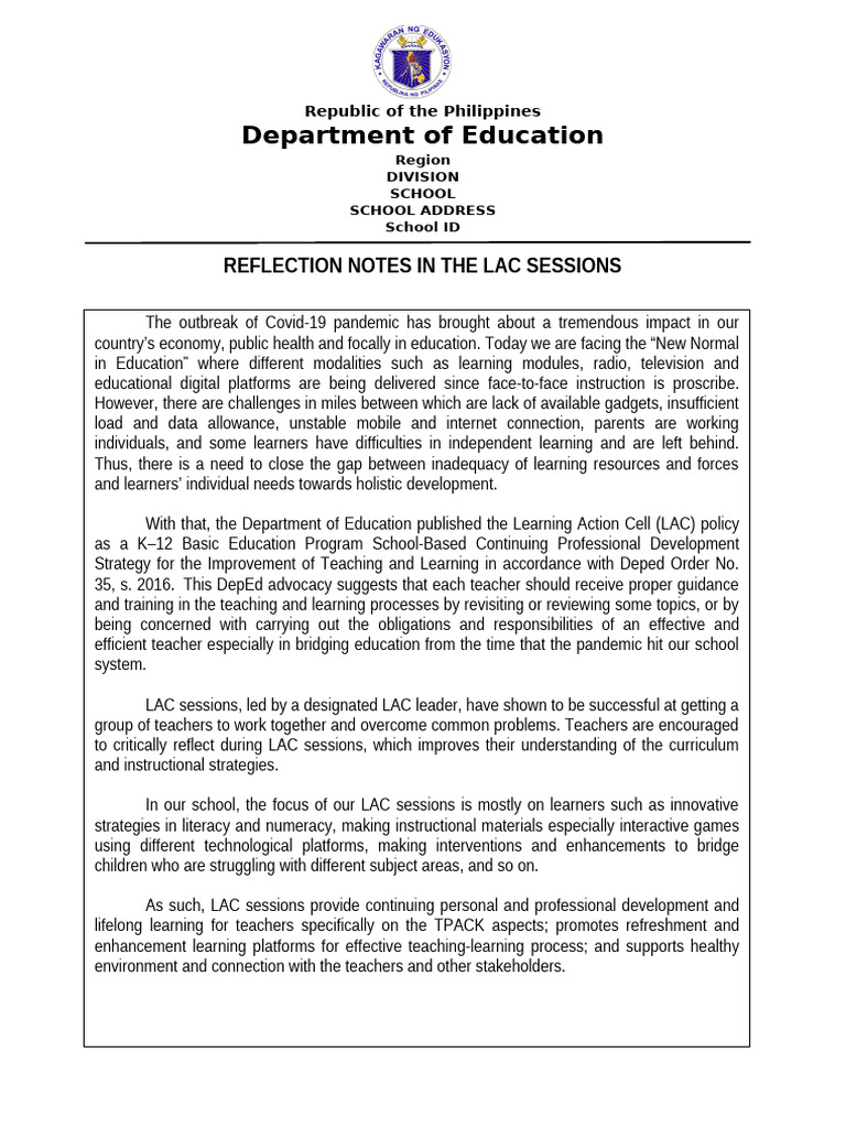 KRA 3 Reflection in LAC Session | PDF | Learning | Teachers