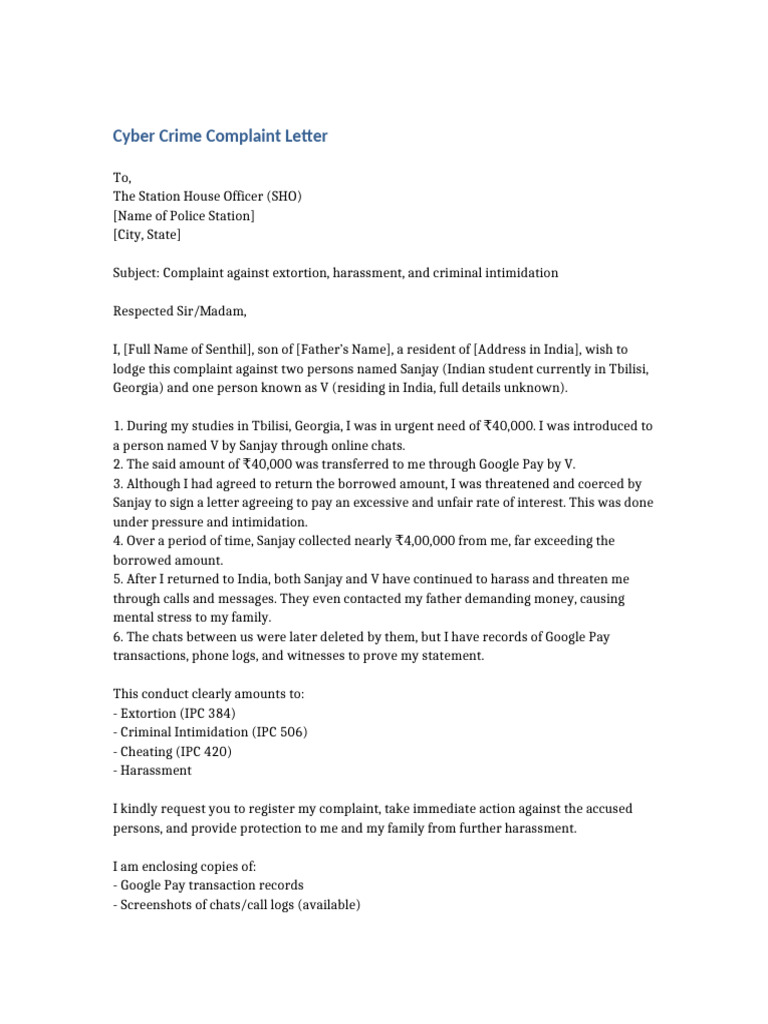 Cyber Crime Complaint Letter Template | PDF