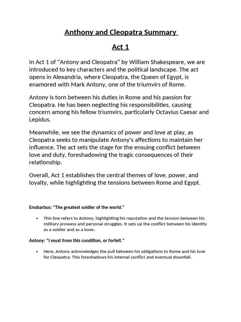 "Antony and Cleopatra: Act Summaries" | PDF | Mark Antony | Cleopatra