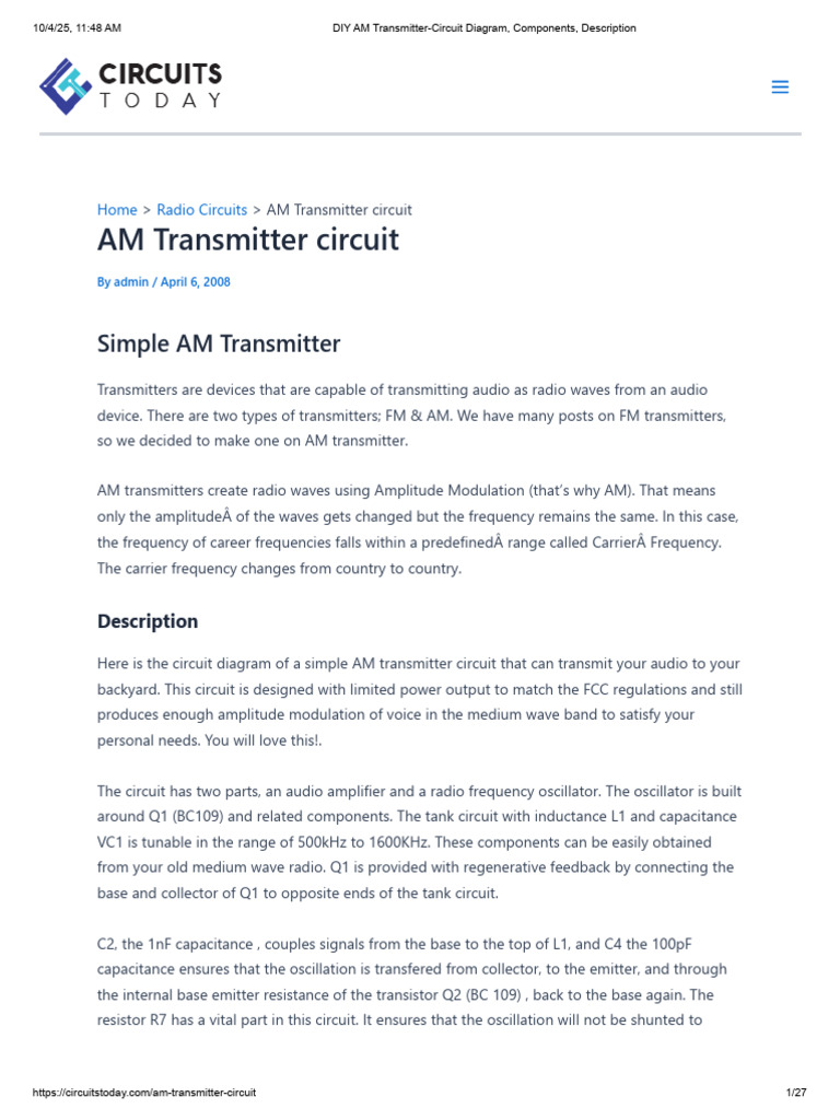 Simple AM Transmitter Circuit Guide | PDF | Transmitter | Amplifier