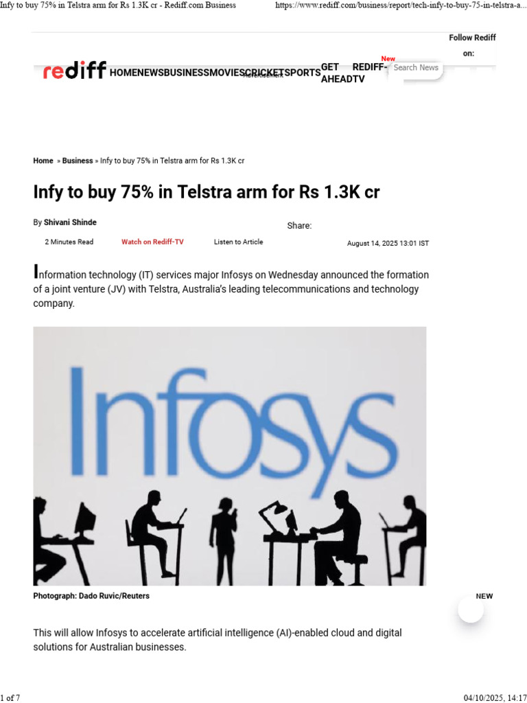 Infy To Buy 75 - in Telstra Arm For Rs 1.3K CR - Rediff - Com Business | PDF | Business