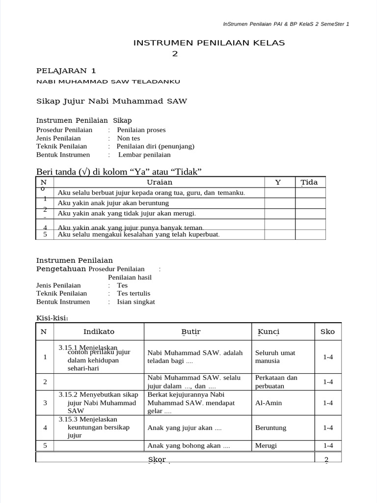 Instrumen Penilaian PAI Kelas 2 | PDF