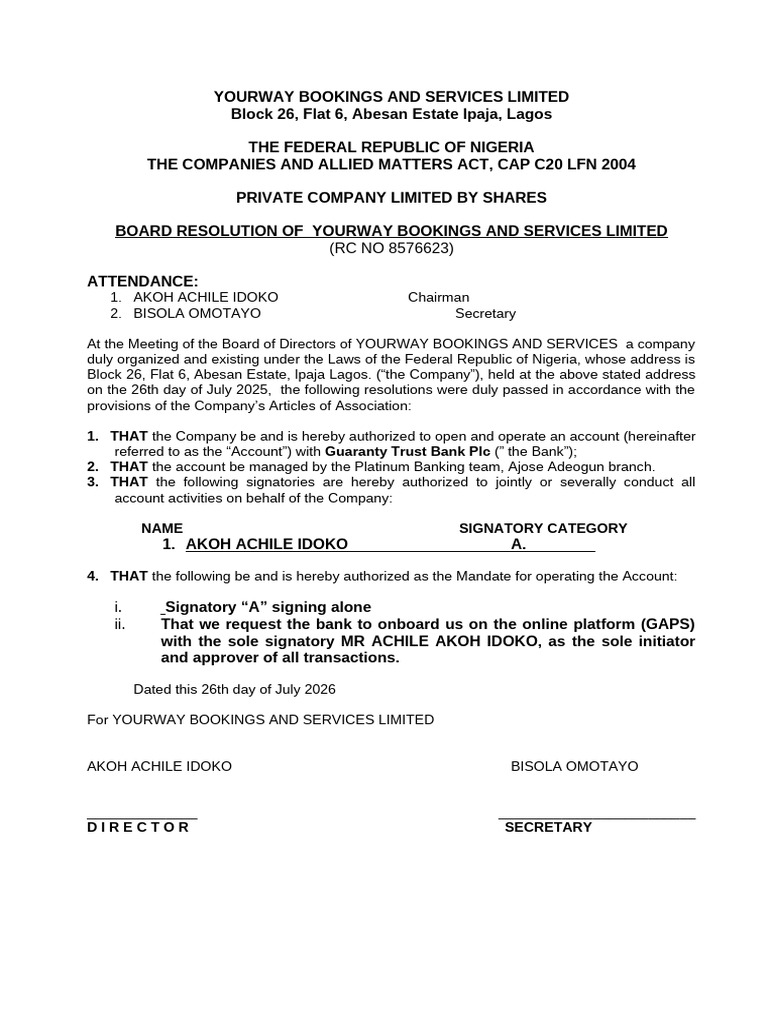 Board Resolution For Corporate Account Template | PDF