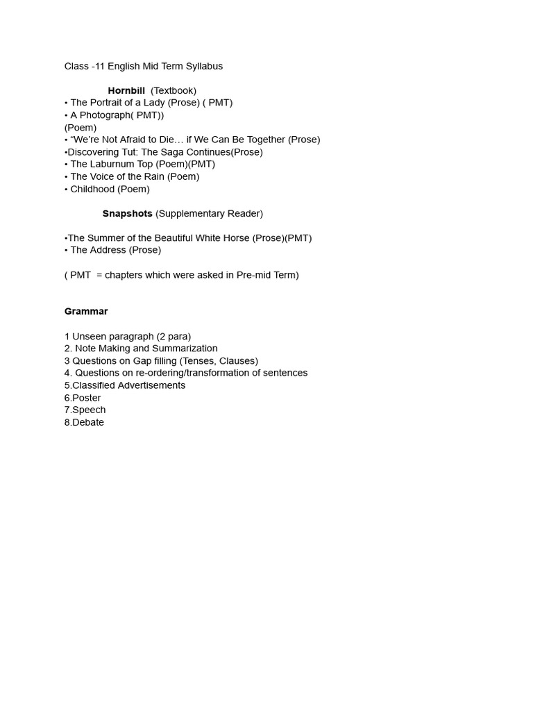 Class - 11 English Mid Term Syllabus | PDF