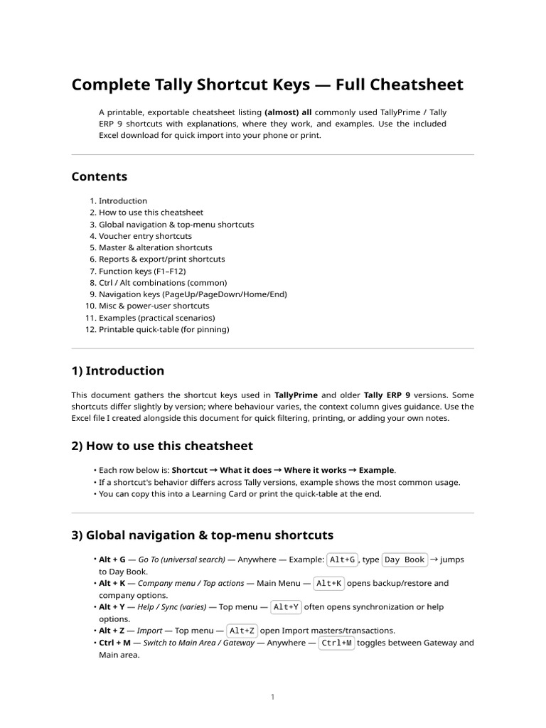 Complete Tally Shortcut Keys - Full Cheatsheet (Search-Synthesised) | PDF | Voucher | Computing