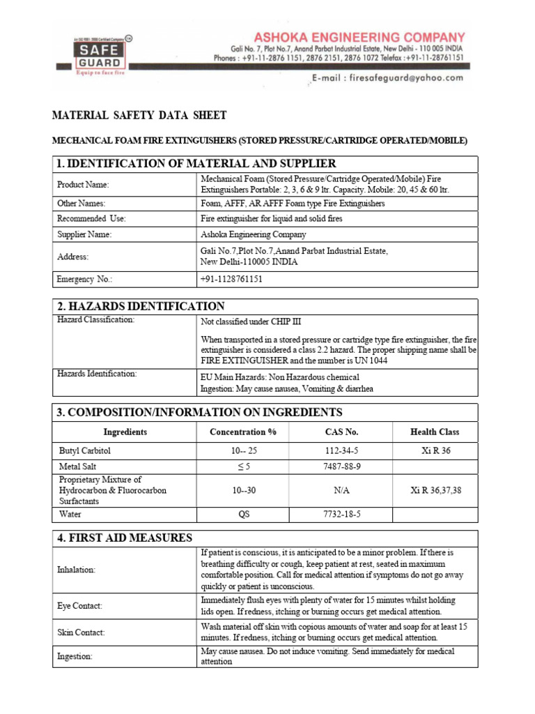 MSDS for Mechanical Foam Extinguishers | PDF | Personal Protective ...