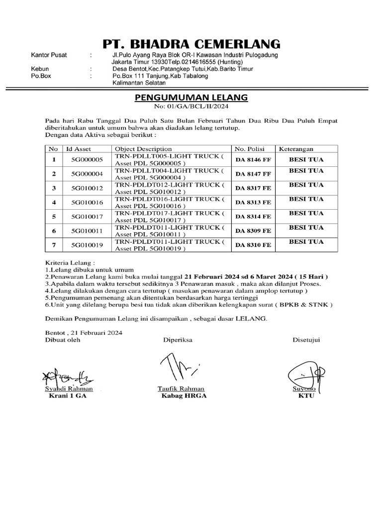Pengumuman Lelang Aset PDL | PDF