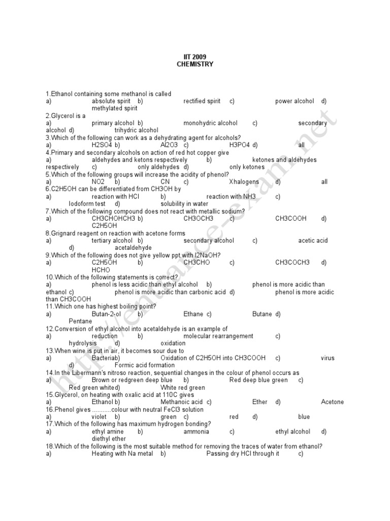 IIT JEE Chemistry Sample Paper 1 | PDF | Aldehyde | Ethanol