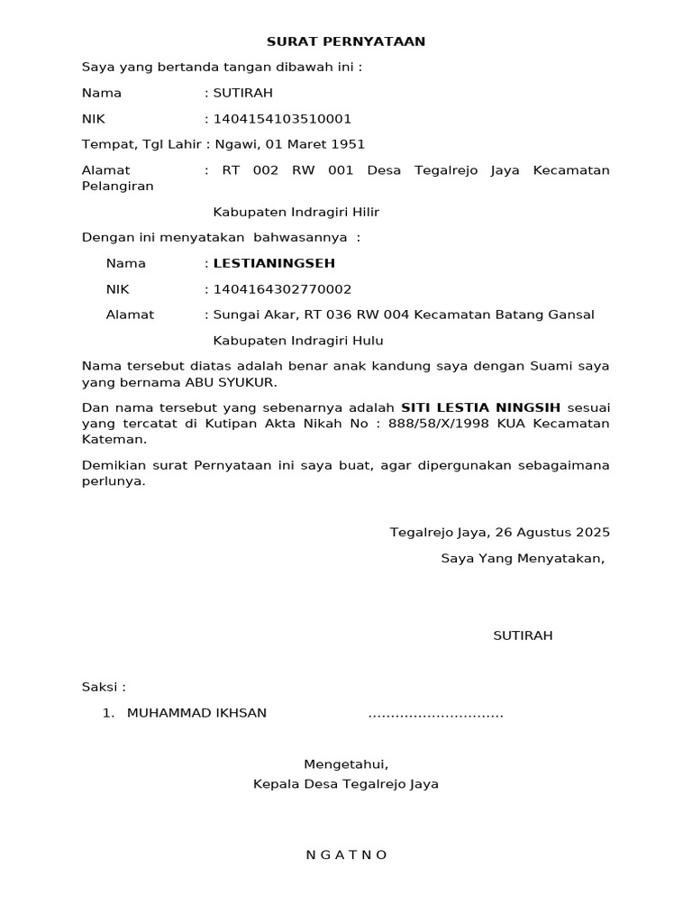Surat Pernyataan Mbah Sutirah | PDF
