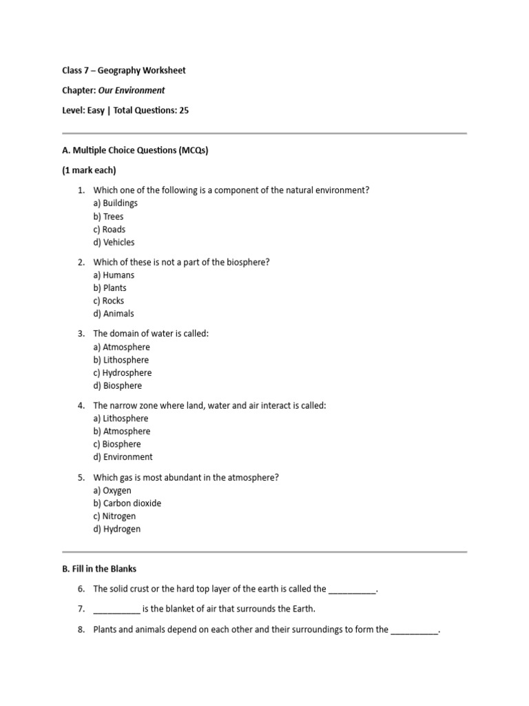 Class 7 Geography: Environment Worksheet | PDF