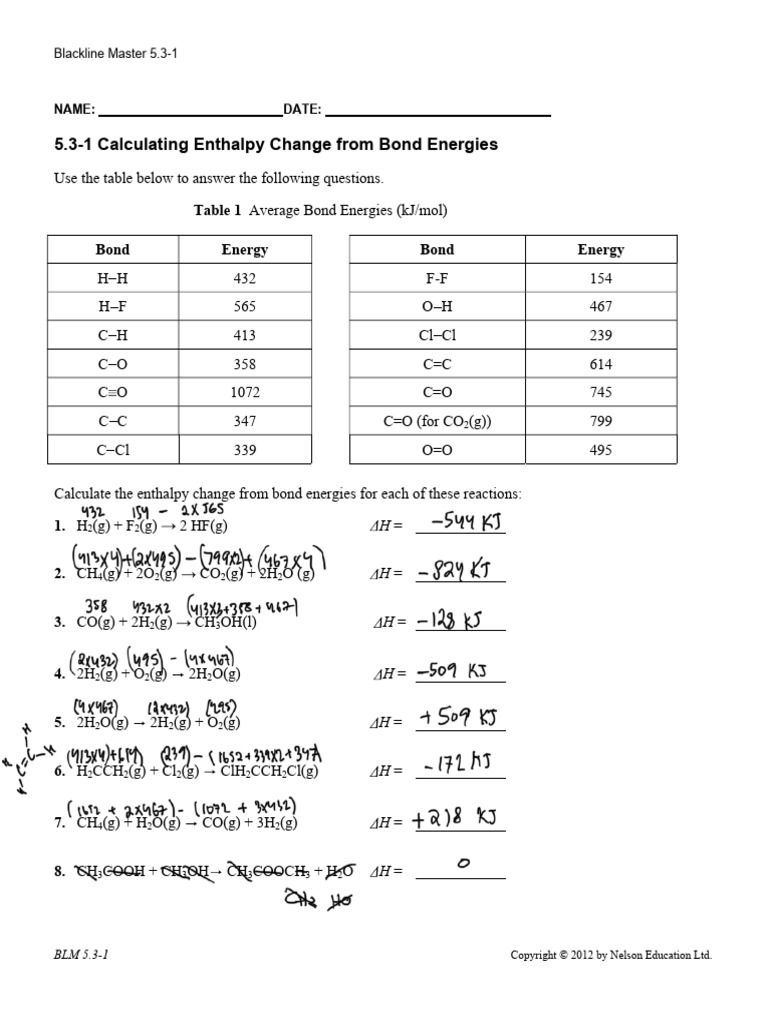 Enthalpy Change Calculation Worksheet | PDF