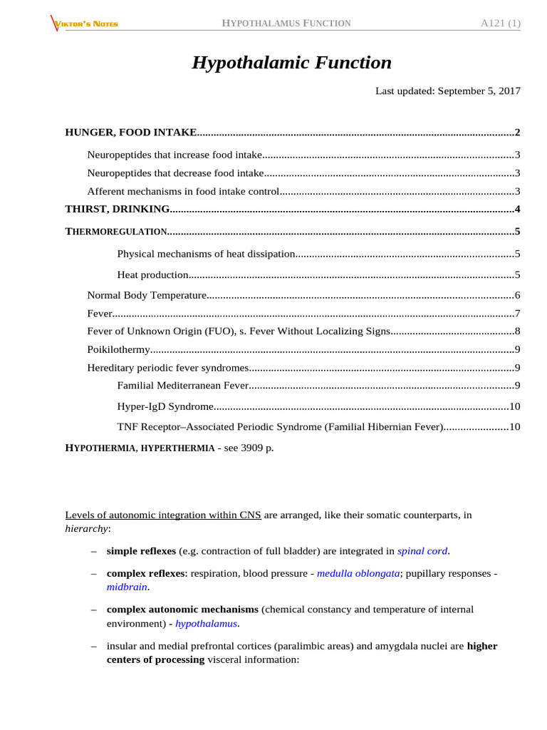 A121. Hypothalamus Function | PDF | Fever | Hypothalamus