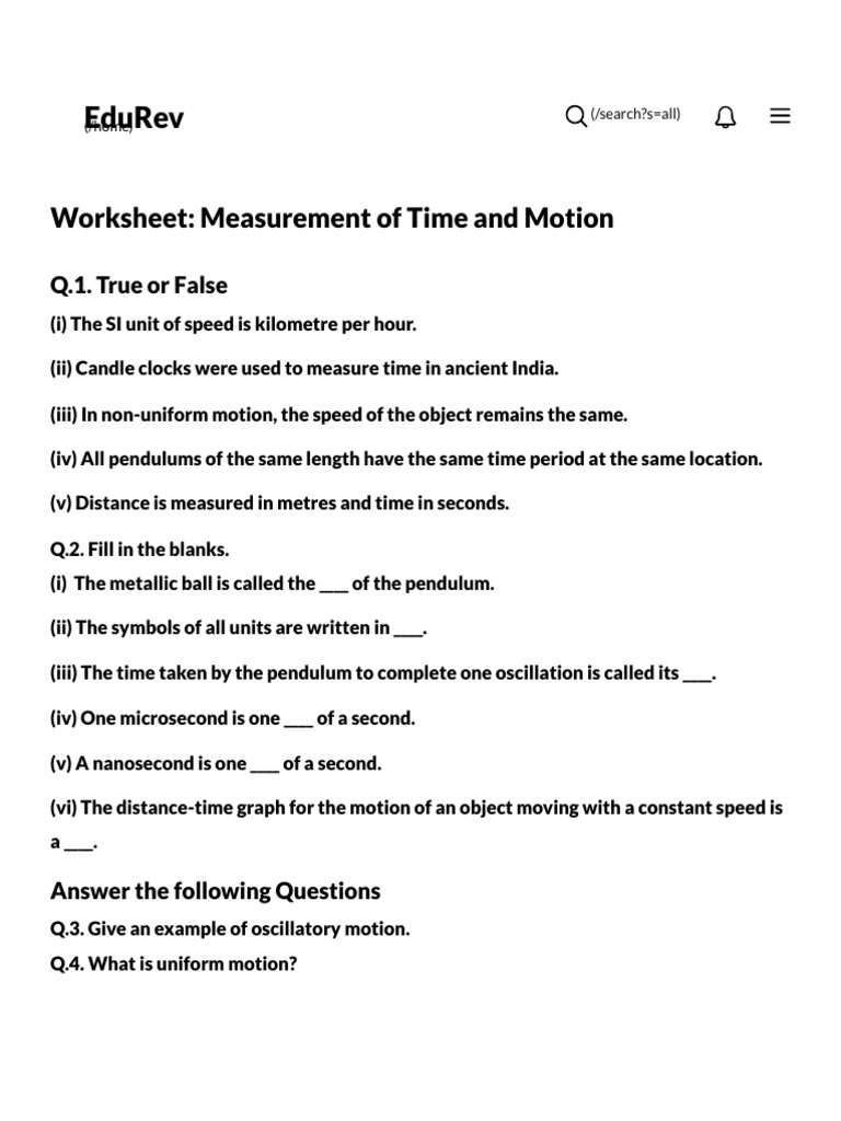 CBSE Class 7 Science Chapter 8 Measurement of Time and Motion Worksheet ...