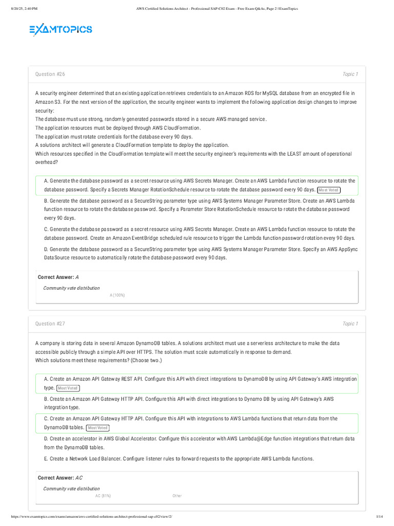 AWS Certified Solutions Architect - Professional SAP-C02 Exam - ExamTopics - 26-50 | PDF ...