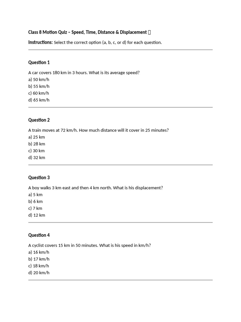 Class 8 Motion Quiz - Speed, Time, Distance & Displacement Instructions ...