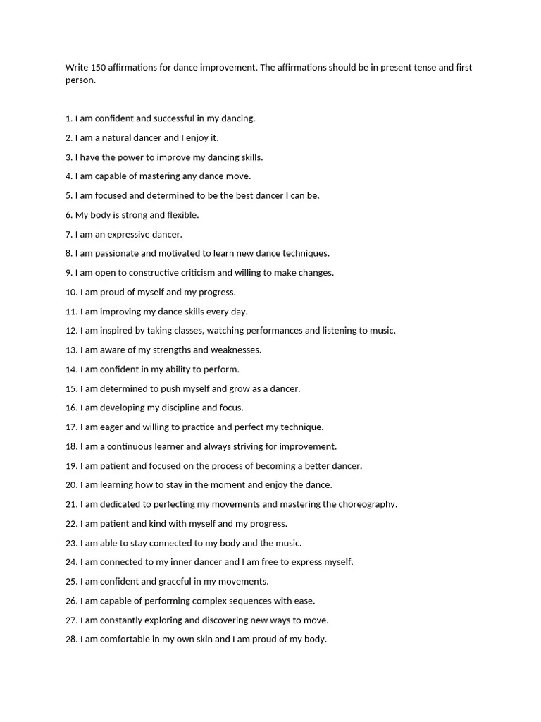 Write 150 Affirmations For Dance Improvement | PDF | Dances | Choreography